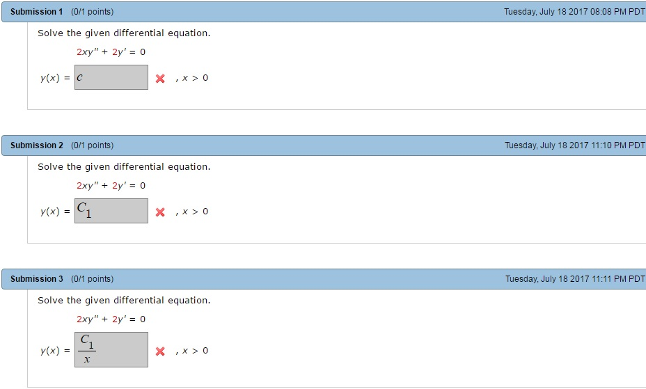 Solved Solve the given differential equation. 2xy" + 2y'= 0 | Chegg.com