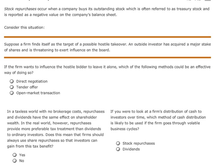 Solved Stock repurchases occur when a company buys its | Chegg.com