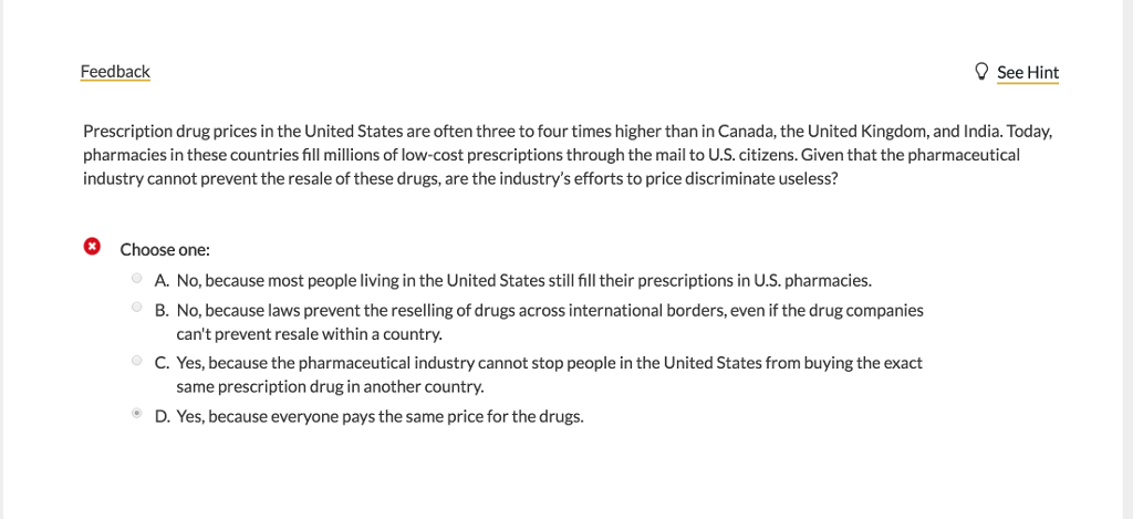 Solved Feedback ?SeeHint Prescription drug prices in the | Chegg.com