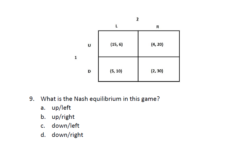 Solved What is the Nash equilibrium in this game? up/left | Chegg.com