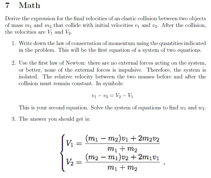 Solved 7 Math Derive the expression for the final velocities | Chegg.com