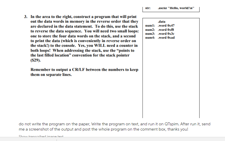 str: .asciiz "Hello, worldn" 3. In the area to the | Chegg.com