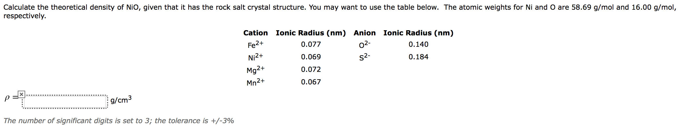 Solved Calculate the theoretical density of NiO, given that | Chegg.com