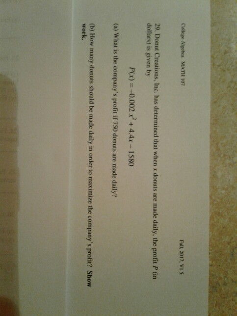 Solved College Algebra MATH 107 Fall, 2017, VI.s 29. Donut | Chegg.com