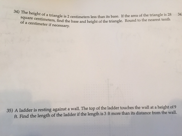 Solved The height the triangle is 2 centimeter less than its | Chegg.com