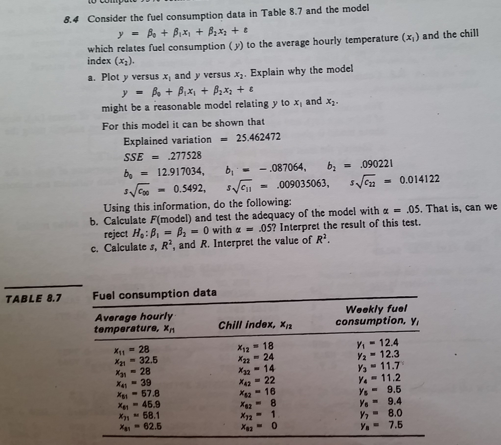 Solved Consider the fuel consumption data in Table 8.7 and | Chegg.com