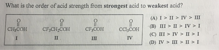 Solved What is the order of acid strength from strongest | Chegg.com