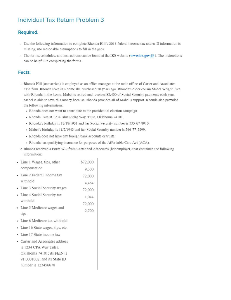 Solved Individual Tax Return Problem 3 Required . Use the | Chegg.com
