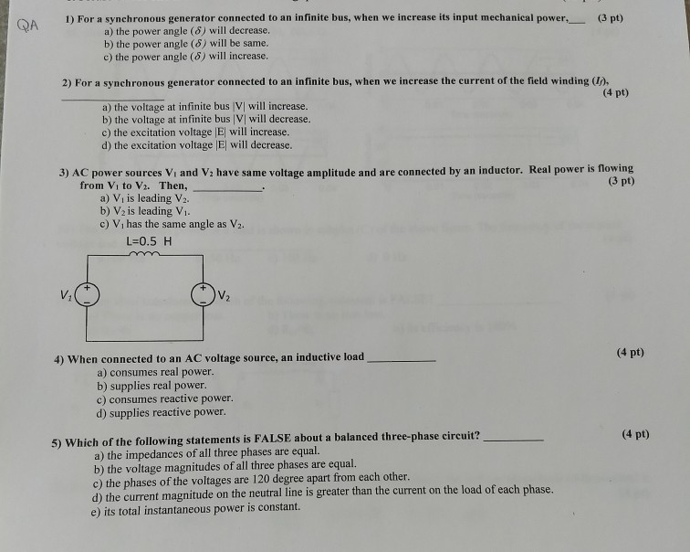 Solved 1) For a synchronous generator connected to an | Chegg.com