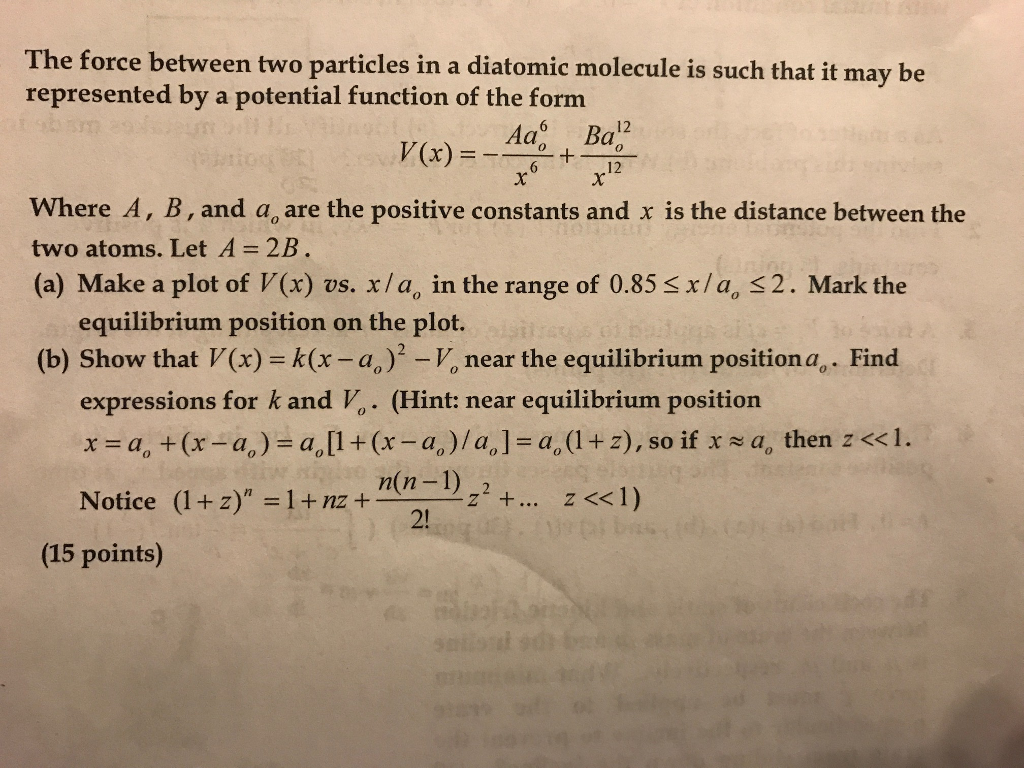 Solved The force between two particles in a diatomic | Chegg.com