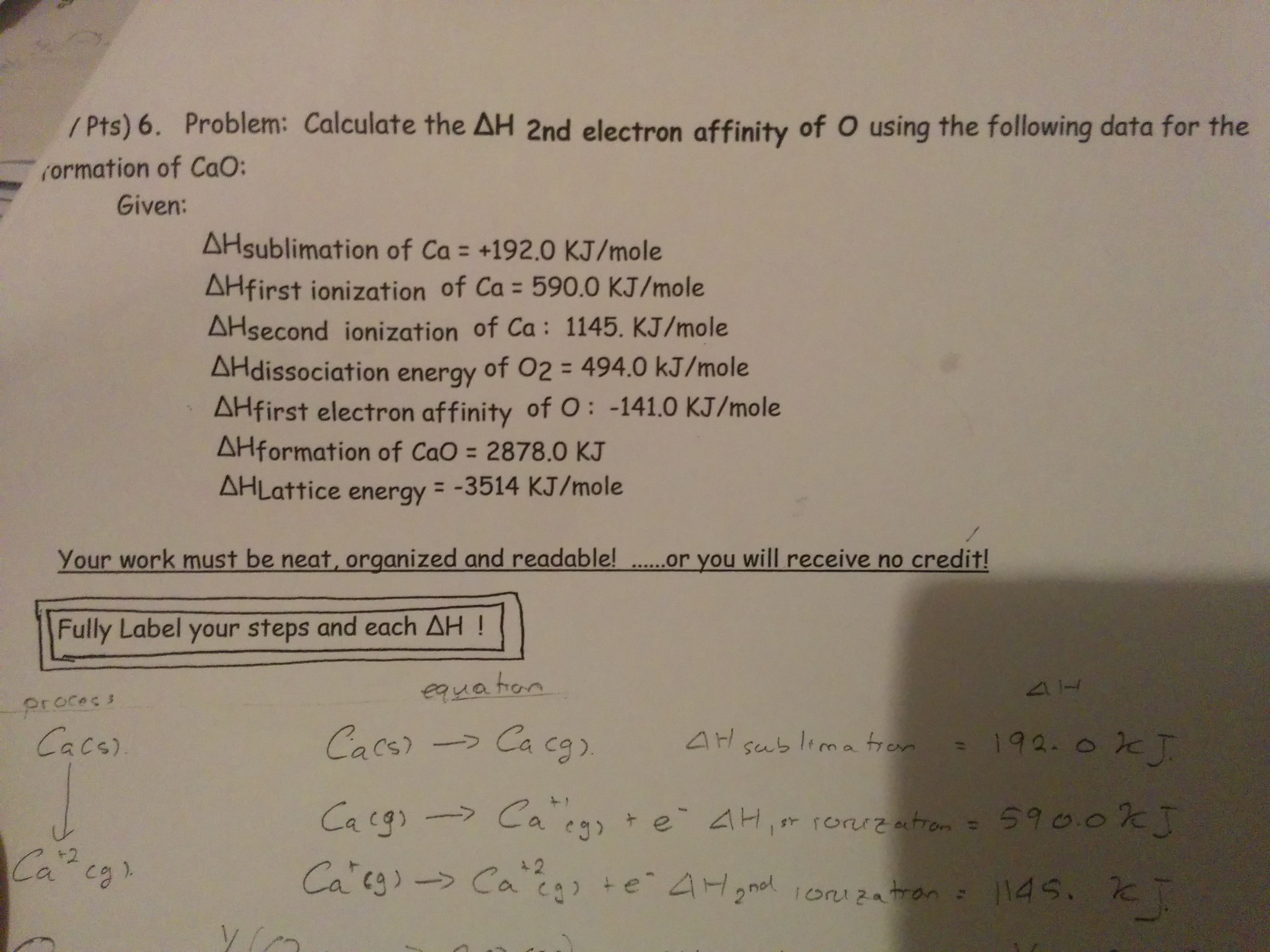 Solved Calculate the delta H 2nd electron affinity of O | Chegg.com