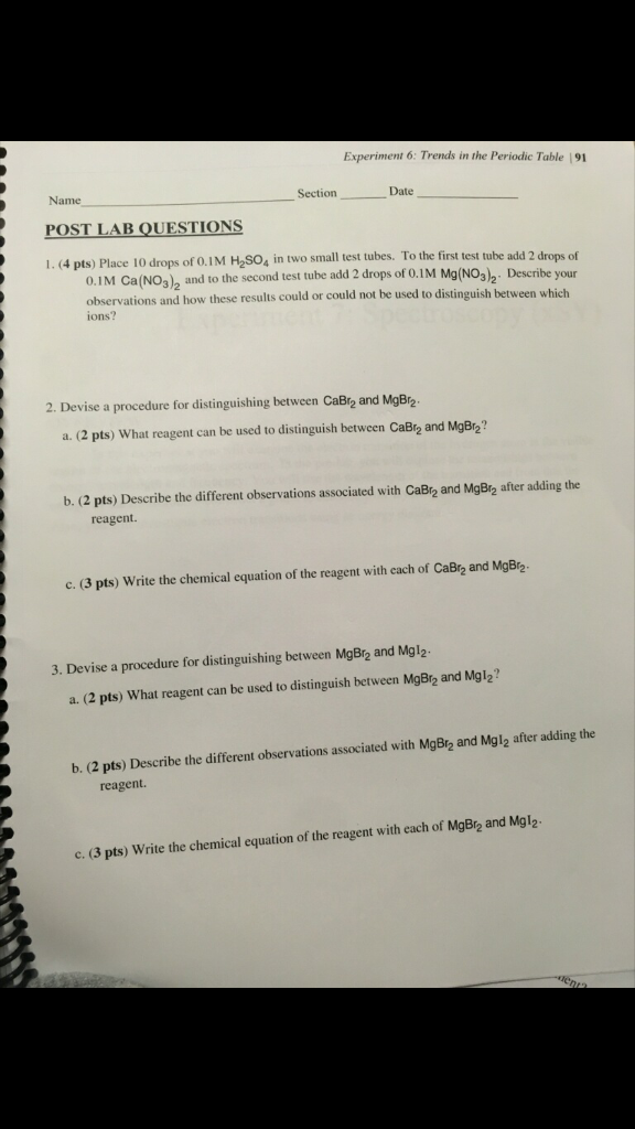 Solved Experiment 6: Trends in the Periodic Table 191 | Chegg.com