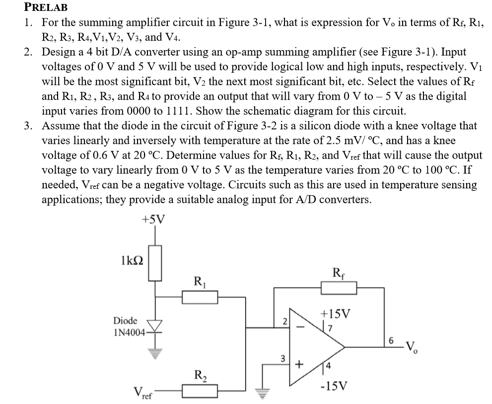 Solved PRELAB 1. For the summing amplifier circuit in Figure | Chegg.com