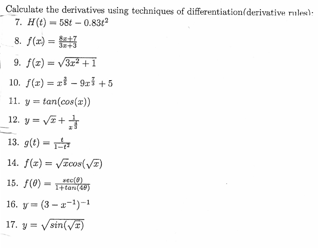 Solved Calculate the derivatives using techniques of | Chegg.com