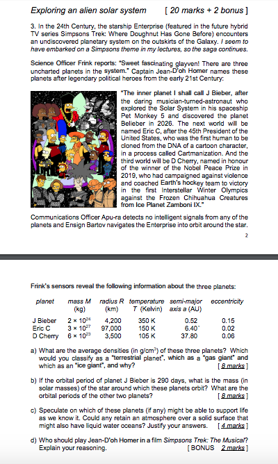 Exploring an alien solar system[20 marks 2 bonus ] 3. | Chegg.com