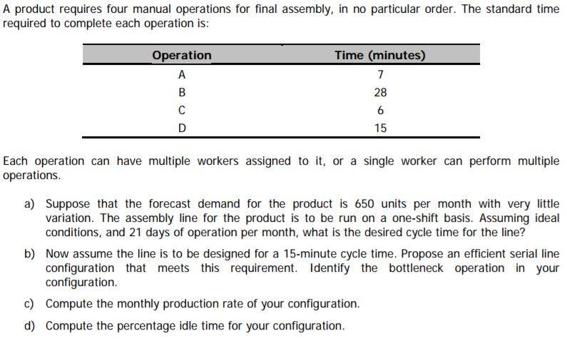 Solved A product requires four manual operations for final | Chegg.com