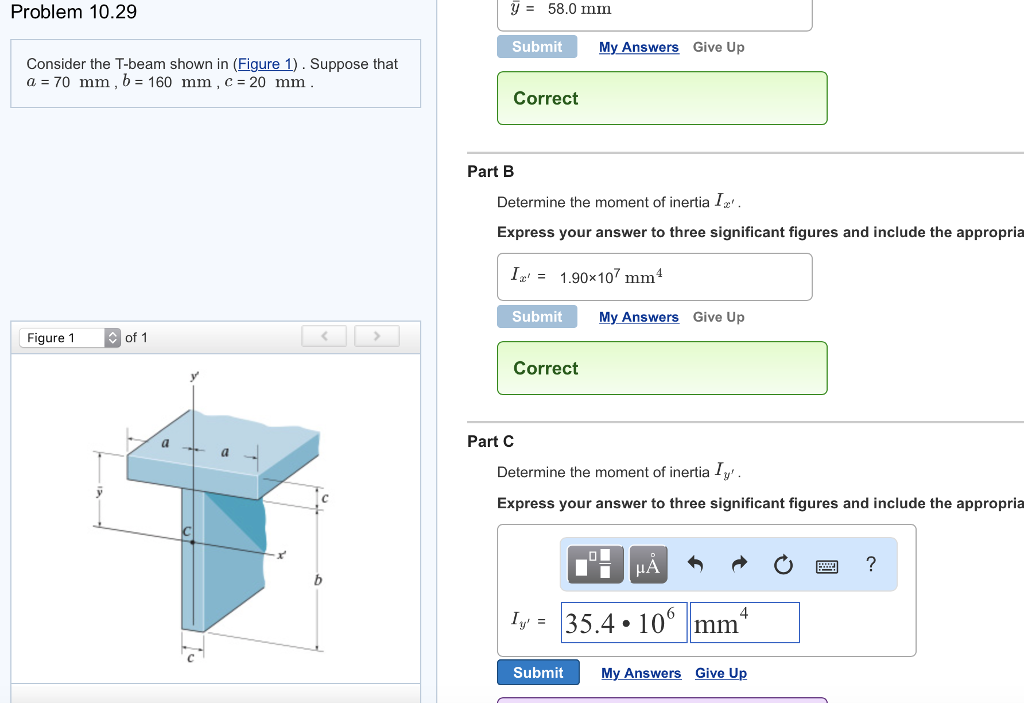 Solved Problem 10.29 y = 58.0 mm Submit My Answers Give Up | Chegg.com