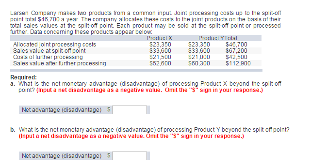 Solved Larsen Company makes two products from a common input | Chegg.com