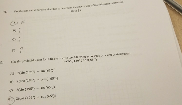 Solved 21. Use the sum and difference identities to | Chegg.com