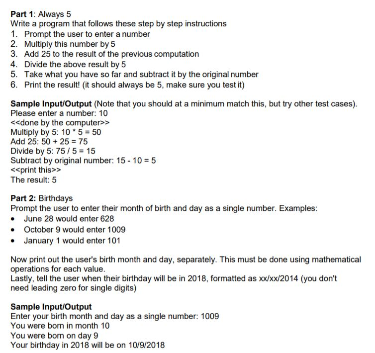 Solved Part 1: Always 5 Write a program that follows these | Chegg.com