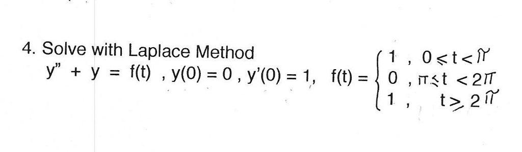 Solved 4. Solve with Laplace Method y y y(0) 0, y(0)-1, f)T | Chegg.com