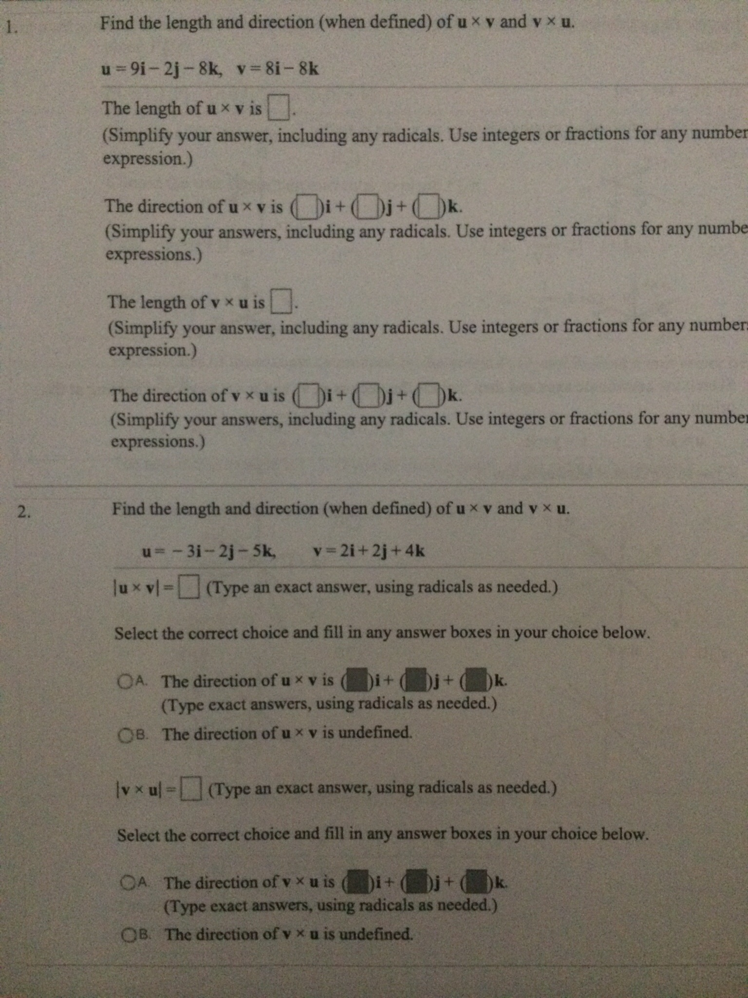 Solved Find the length and direction (when defined) of u x v | Chegg.com