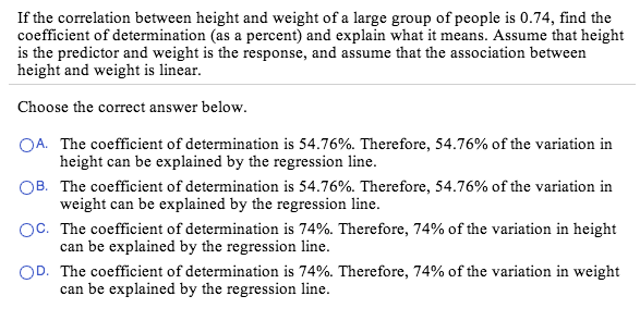 Solved If the correlation between height and weight of a | Chegg.com