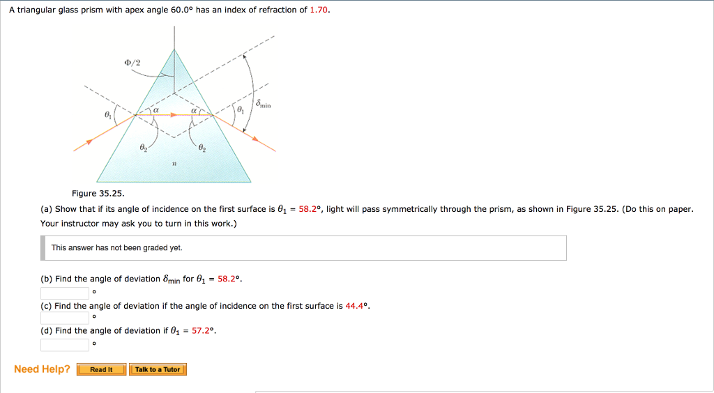 Solved A triangular glass prism with apex angle 60.0° has an | Chegg.com