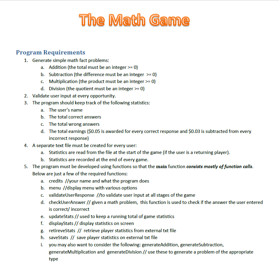 Solved The Math Game Program Requirements Generate simple | Chegg.com