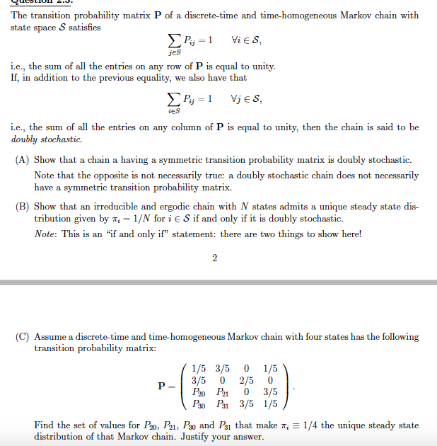 The transition probability matrix P of a | Chegg.com