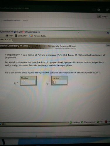 Solved 1- propanol (P_1^n = 20.9 Torr at 25 degree C) and 2 | Chegg.com