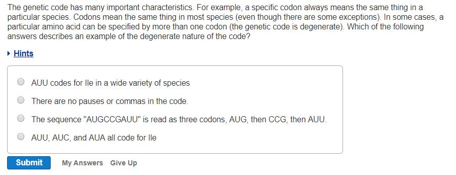 Solved The genetic code has many important characteristics. | Chegg.com