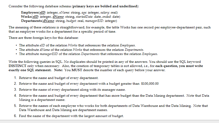 Solved Consider the following database schema (primary keys | Chegg.com