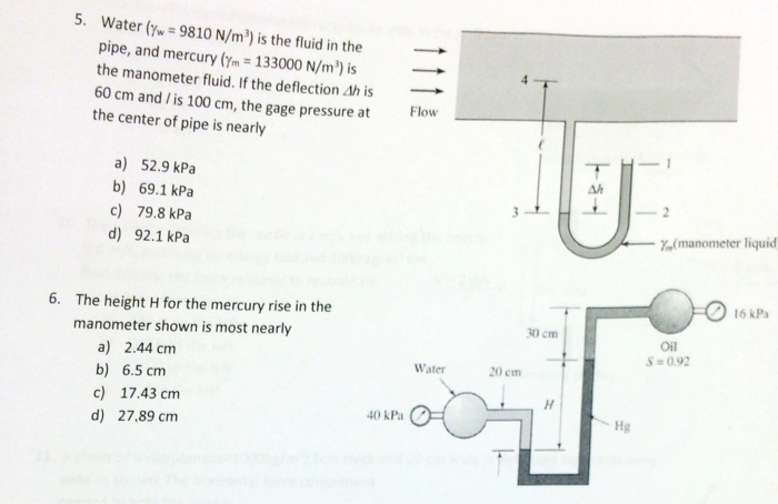 Solved Water (gamma_w = 9810 N/m^3) is the fluid in the | Chegg.com