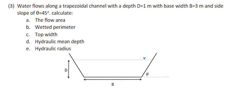 Solved (3) Water flows along a trapezoidal channel with a | Chegg.com