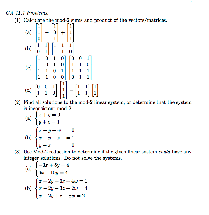 Solved GA 11.1 Linear Algebra Modulo 2 I want to highlight | Chegg.com