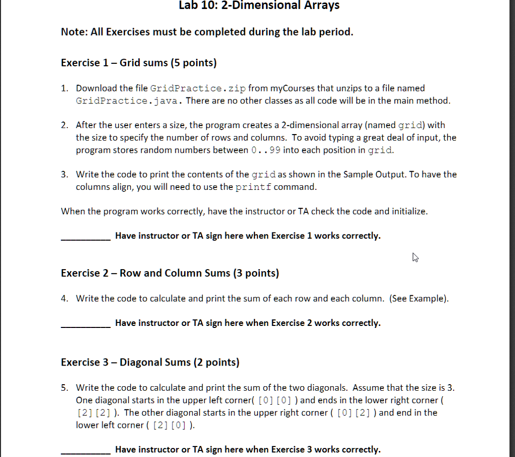 Solved Lab 10: 2-Dimensional Arrays Note: All Exercises must | Chegg.com