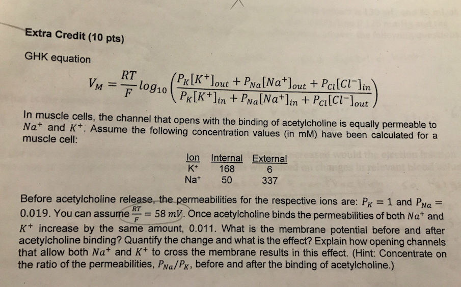 Solved GHK equation V_M = R T/F log_10 (P_K[K^+]_out + | Chegg.com