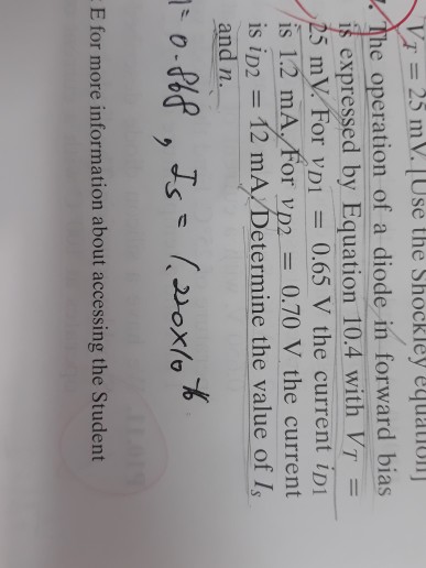 Solved Vr = 25 mV. I Use the Shockley equation The operation | Chegg.com