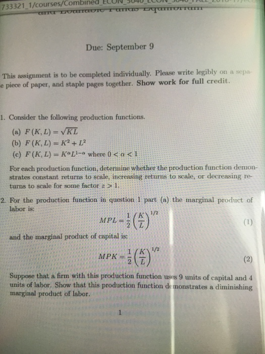 Solved Consider the following production functions. F(K, L) | Chegg.com Solved Consider the following production functions. F(K, L) | Chegg.com