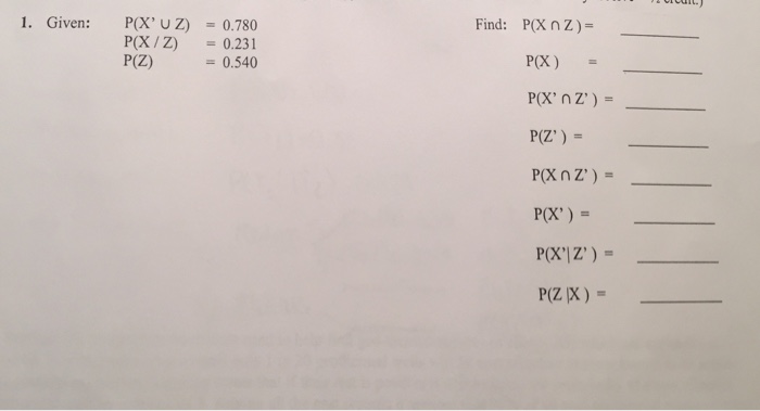 Solved Given: P(X' Union Z) - 0.780 P(X/Z) =0.231 P(Z) = | Chegg.com