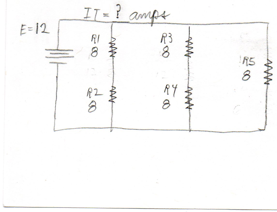 Solved: E=12, R1=8, R2=8, R3=8, R4=8, R5=8 Ohms. IT ? | Chegg.com
