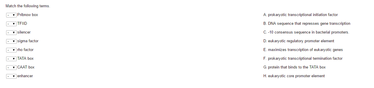 Solved Match the following terms. Pribnow box prokaryotic | Chegg.com