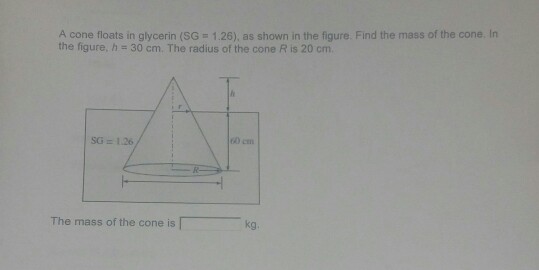 Solved A cone floats in glycerin (SG = 1.26), as shown in | Chegg.com
