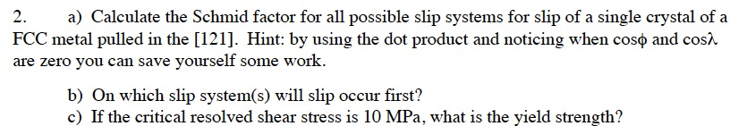 Calculate the Schmid factor for all possible slip | Chegg.com