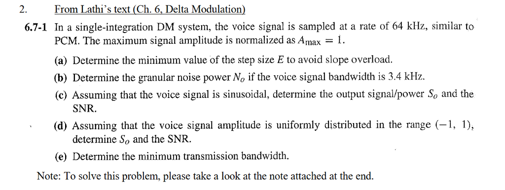 Solved 2. From Lathi's text (Ch. 6, Delta Modulation) 6.7-1 | Chegg.com