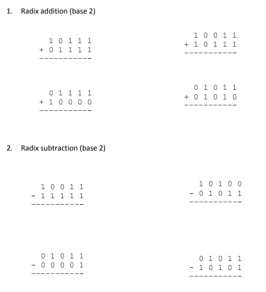 Solved 1. Radix addition (base 2) 1 001 1 + 1 0 11 1 1 01 11 | Chegg.com