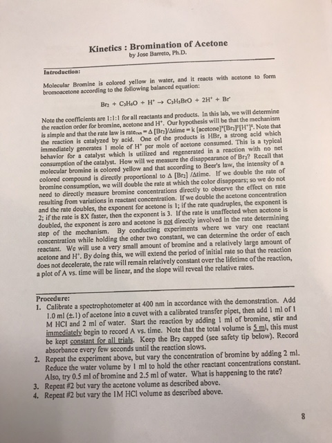 Kinetics: Bromination of Acetone by Jose Barreto, | Chegg.com