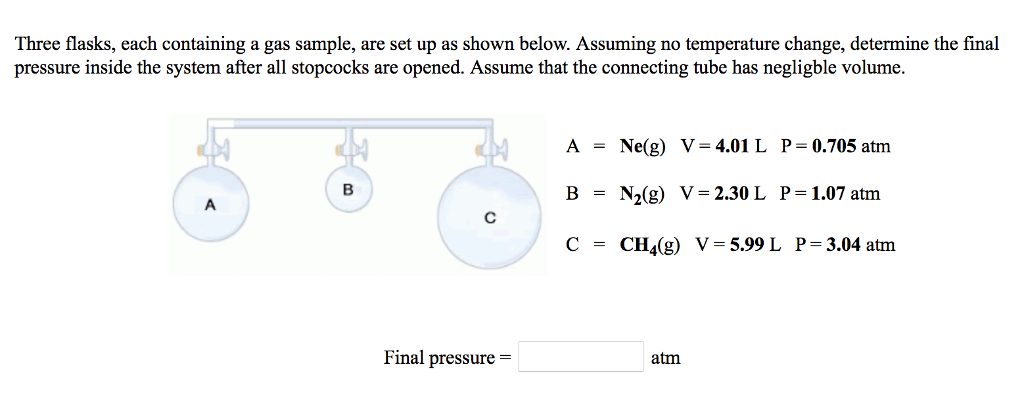 Solved Three flasks, each containing a gas sample, are set | Chegg.com