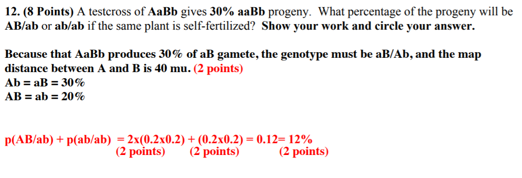 Solved 12. (8 Points) A testcross of AaBb gives 30% aaBb | Chegg.com